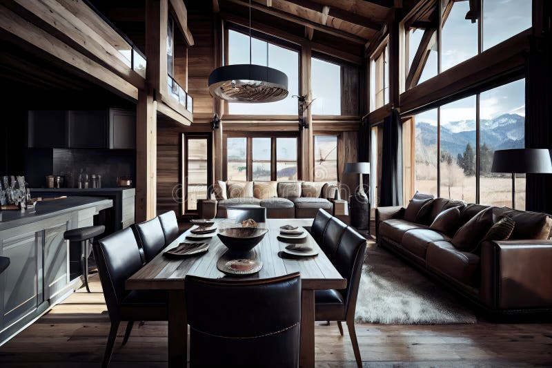 Interior with Leather Sofas and Big Dining Table on Chalet Stock ...