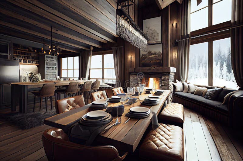 Interior with Leather Sofas and Big Dining Table on Chalet Stock ...