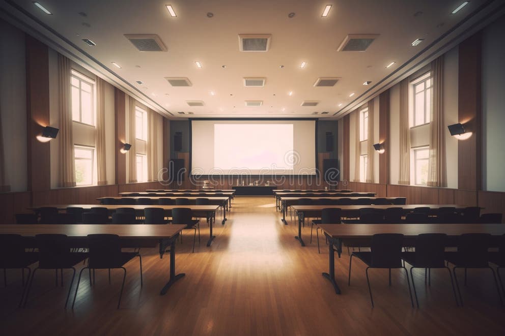 Interior of a Lecture Hall with Rows of Chairs and Tables. 3d Rendering ...