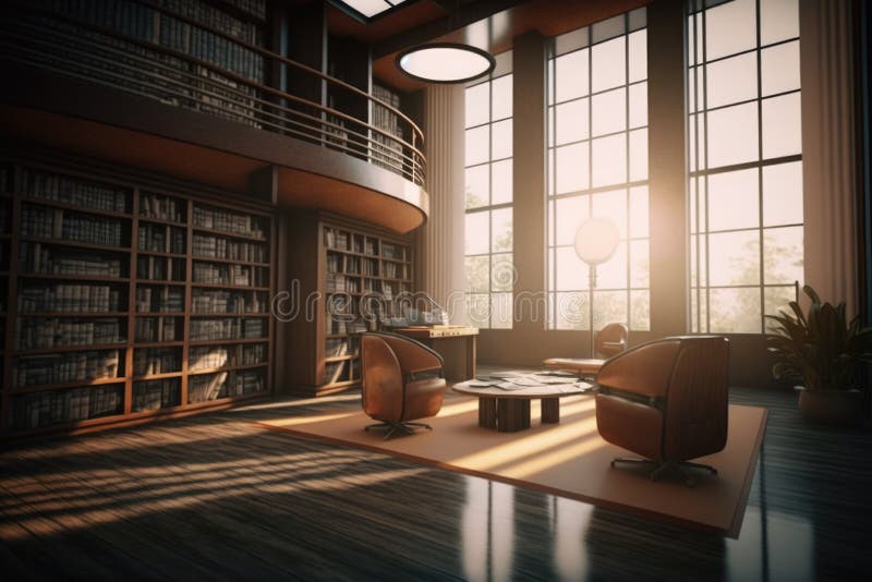 Interior of Library with Bookcases, Armchairs and Big Windows Created ...