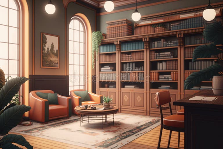 Interior of Library with Bookcases, Armchairs and Big Windows Created Using Generative Ai ...