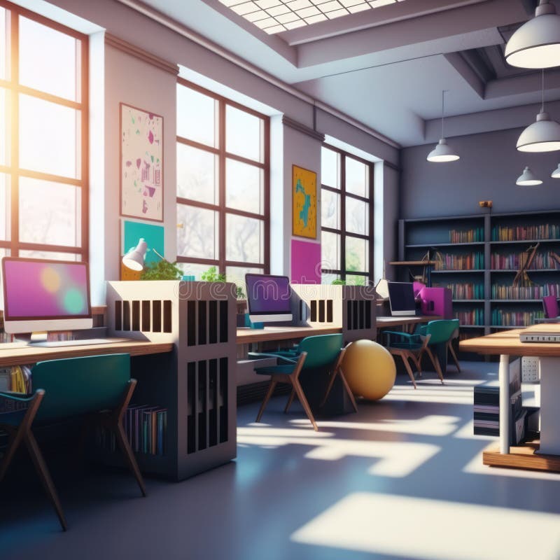 Interior of Library with Bookcases and Desks with Computers Created ...