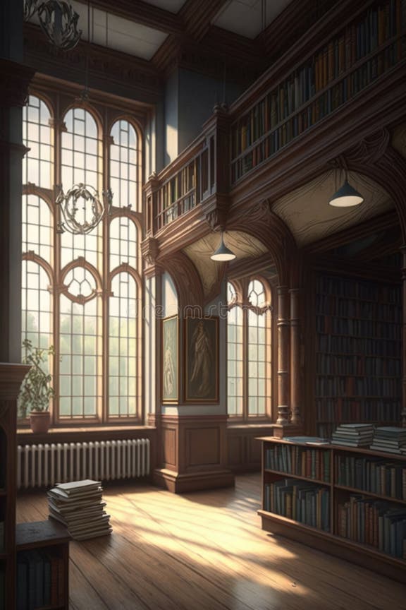 Interior of Library with Bookcases, Paintings and Big Windows Created Using Generative Ai ...