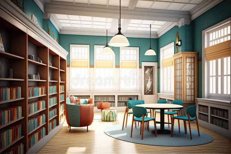 Interior of Library with Bookcases, Table and Armchairs Created Using Generative Ai Technology ...