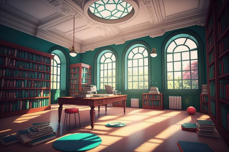 Interior of Library with Bookcases, Table and Big Windows Created Using ...