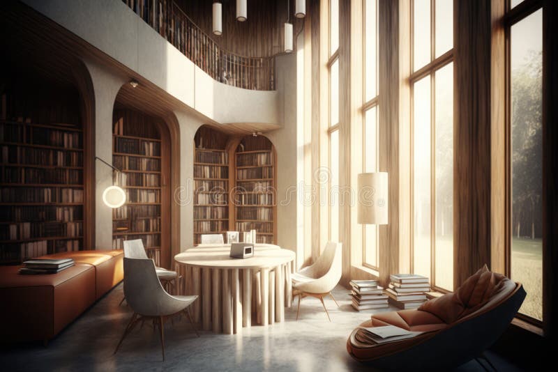 Interior of Library with Bookcases, Table and Big Windows Created Using ...
