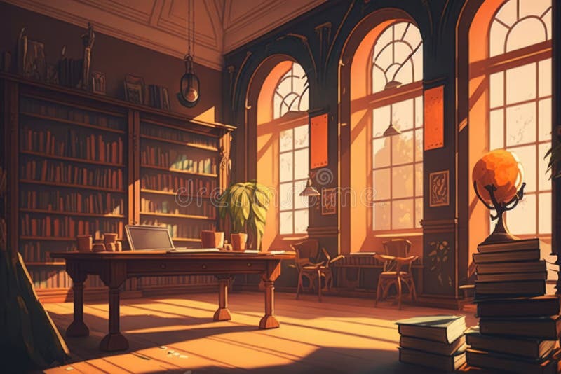 Interior of Library with Bookcases, Table and Big Windows Created Using ...