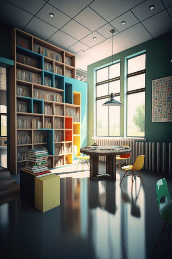 Interior of Library with Bookcases, Table, Chairs and Windows Created Using Generative Ai ...