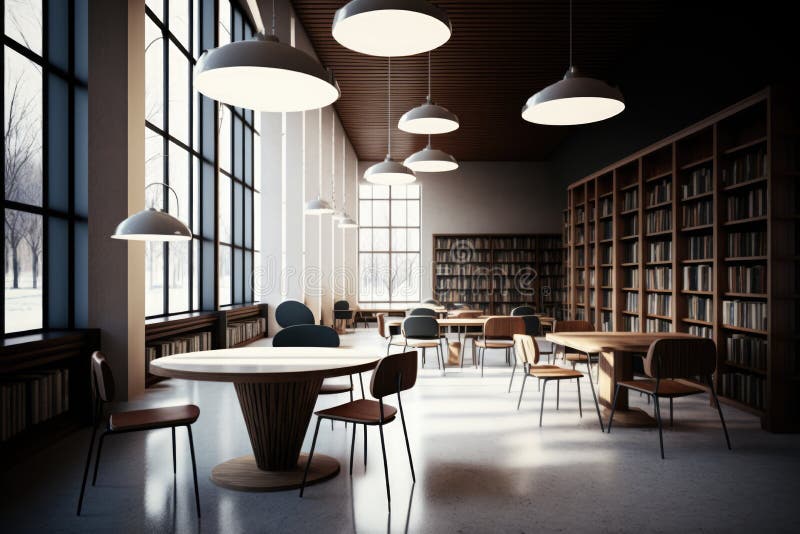 Interior of Library with Bookcases, Tables and Big Windows Created ...