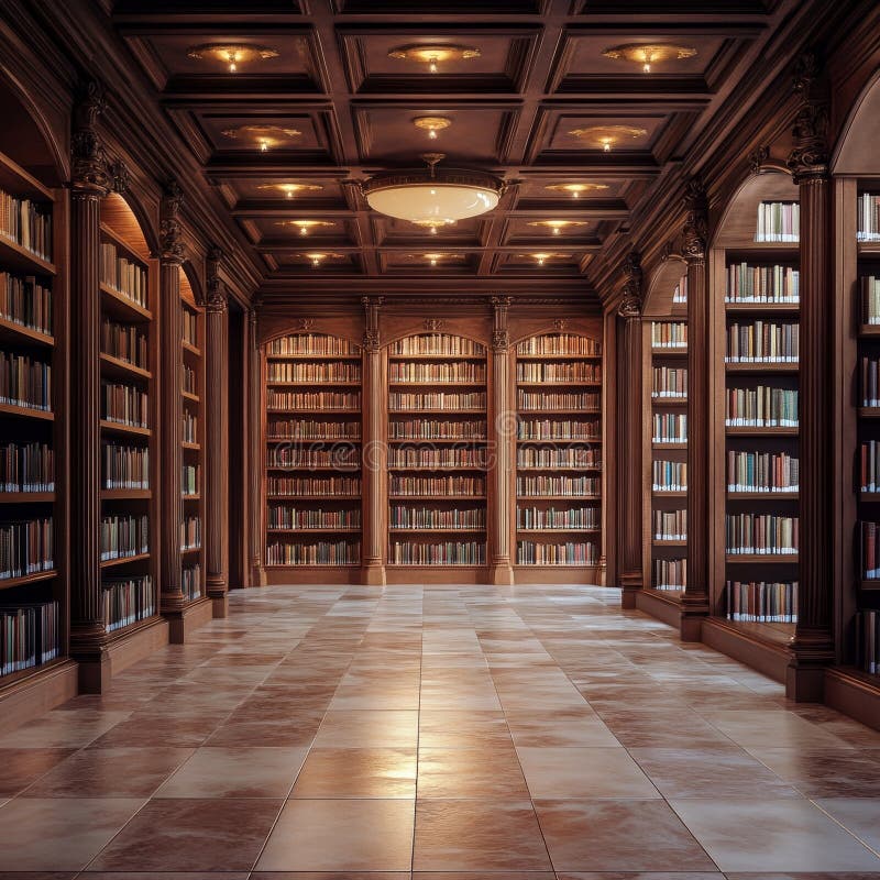 Interior of a Library with Bookshelves. 3D Rendering Stock Illustration ...