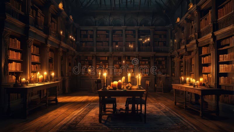 Interior of Library in Night with Books Stock Illustration ...
