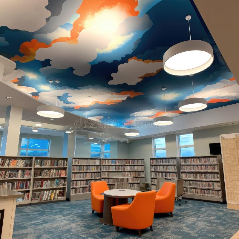 Interior of a Library with Orange Chairs and Blue Sky with Clouds Stock ...