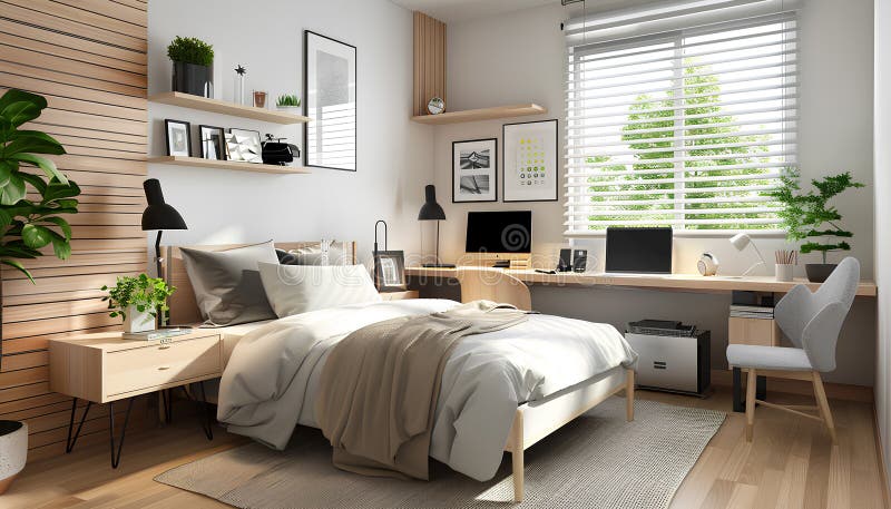 Interior of Light Bedroom with Modern Workplace Stock Illustration - Illustration of stylish ...