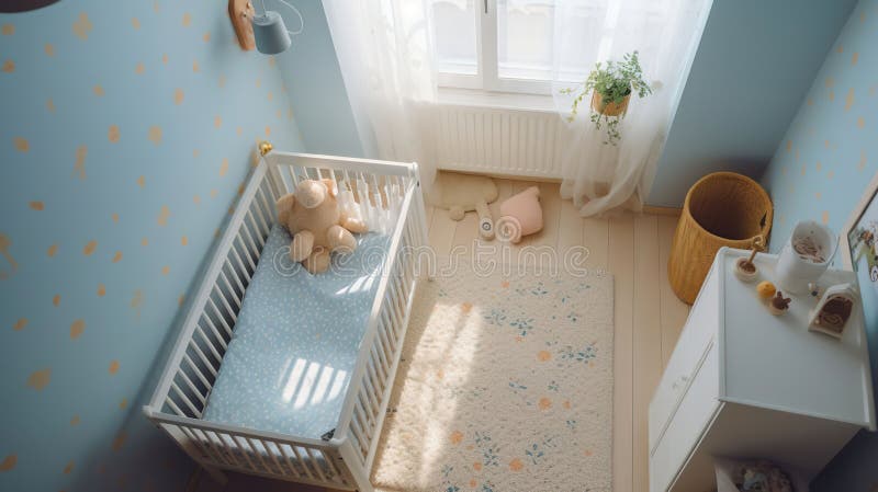 Interior of Light Cozy Baby Room with Crib and Bedding, Top View. AI ...