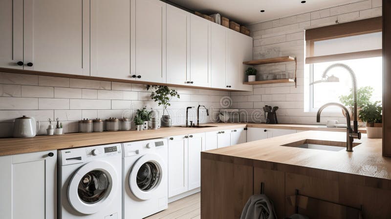 Interior of Light Kitchen with Washing Machine, Oven and White Counters ...
