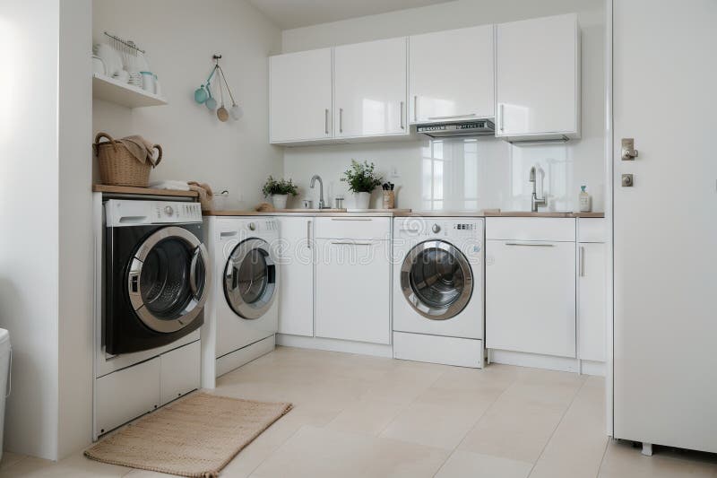 Interior of Light Kitchen with Washing Machine, Oven and White Counters ...