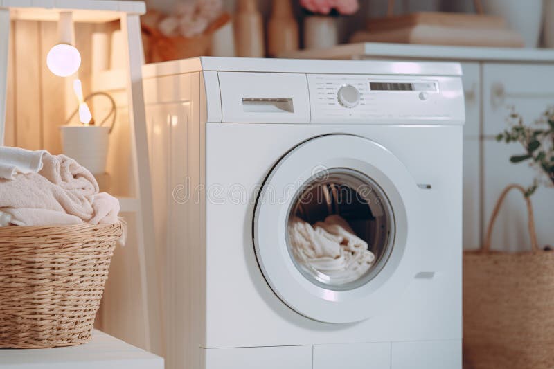 Interior of Light Laundry Room with Washing Machine and Shelving Unit ...