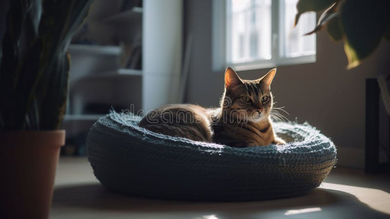 Interior of Light Living Room with Cute Cat Lying in Pet Bed ...