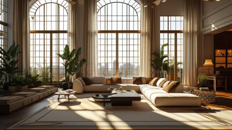 Interior of Light Living Room with Grey Sofas, Coffee Table and Large Window Stock Image - Image ...