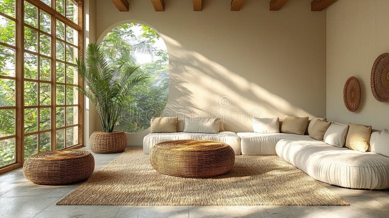Interior of Light Living Room with Sofas, Rattan Table and Soft Carpet ...