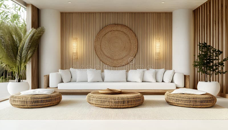 Interior of Light Living Room with Sofas, Rattan Table and Soft Carpet ...