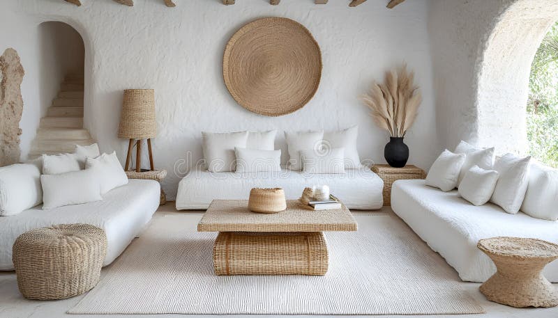 Interior of Light Living Room with Sofas, Rattan Table and Soft Carpet ...