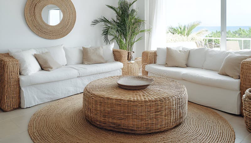 Interior of Light Living Room with Sofas, Rattan Table and Soft Carpet ...