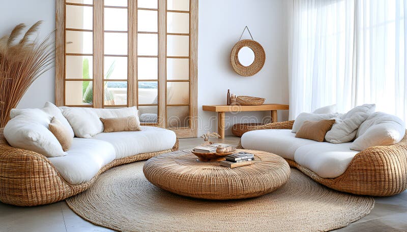 Interior of Light Living Room with Sofas, Rattan Table and Soft Carpet ...