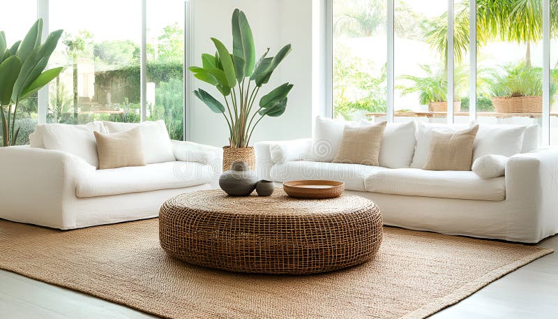 Interior of Light Living Room with Sofas, Rattan Table and Soft Carpet ...