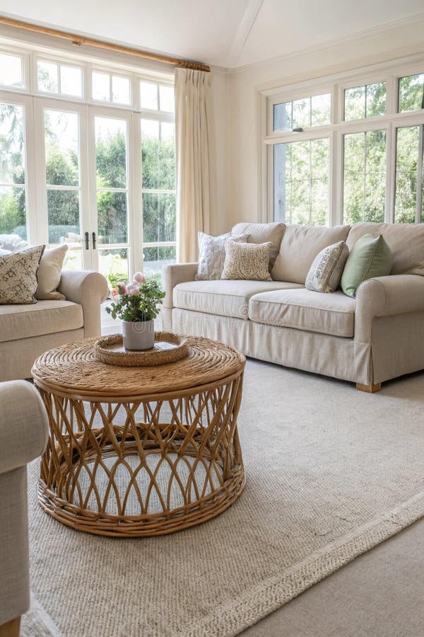 Interior of Light Living Room with Sofas, Rattan Table and Soft Carpet ...