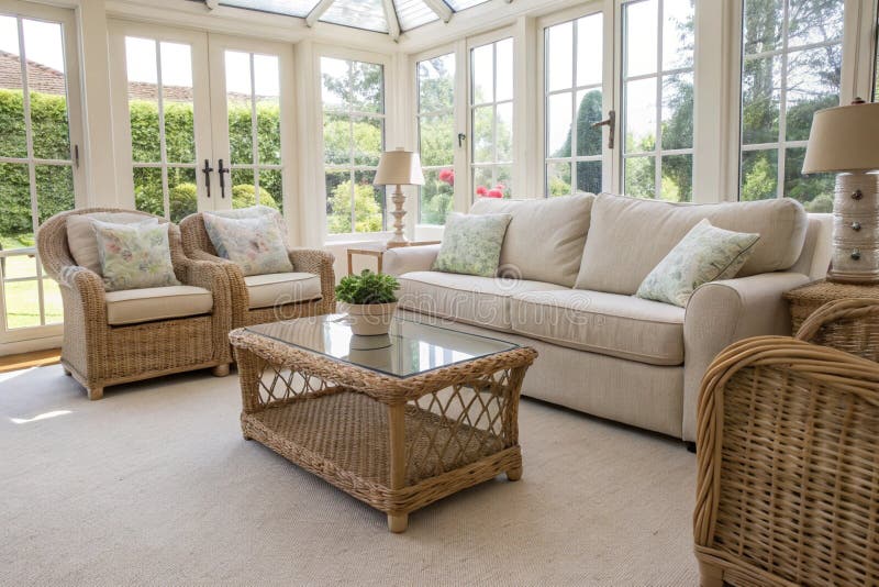 Light Living Room with Sofas, Rattan Table, and Soft Carpet Stock Photo ...