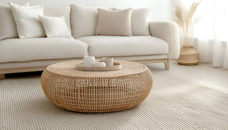 Interior of Light Living Room with Sofas, Rattan Table and Soft Carpet ...