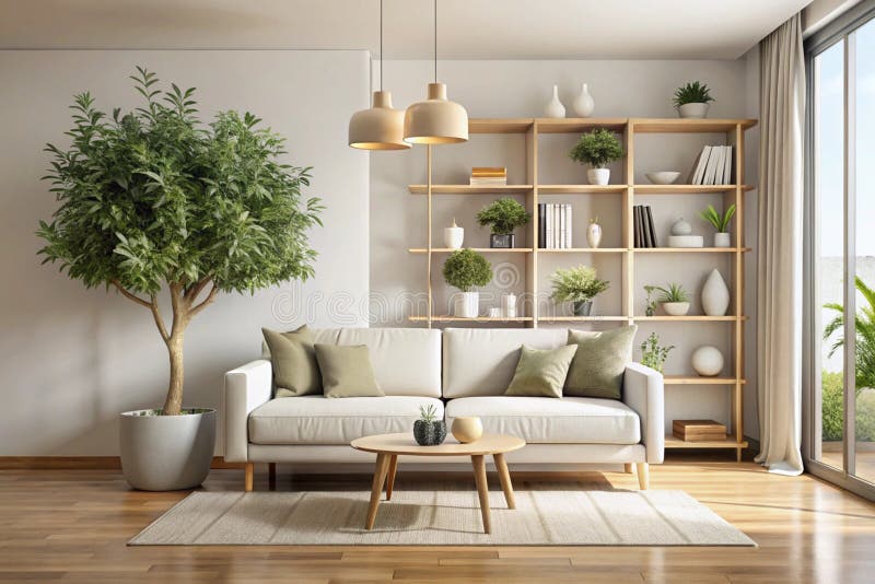 Interior of Light Living Room with Sofa, Olive Tree and Shelf Units ...