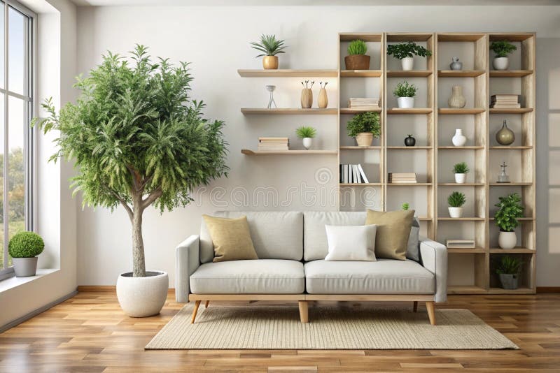 Interior of Light Living Room with Sofa, Olive Tree and Shelf Units ...