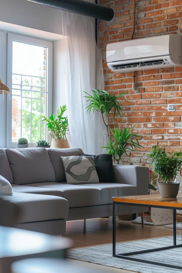 The Interior of the Living Room with Air Conditioning. Adjusting the ...