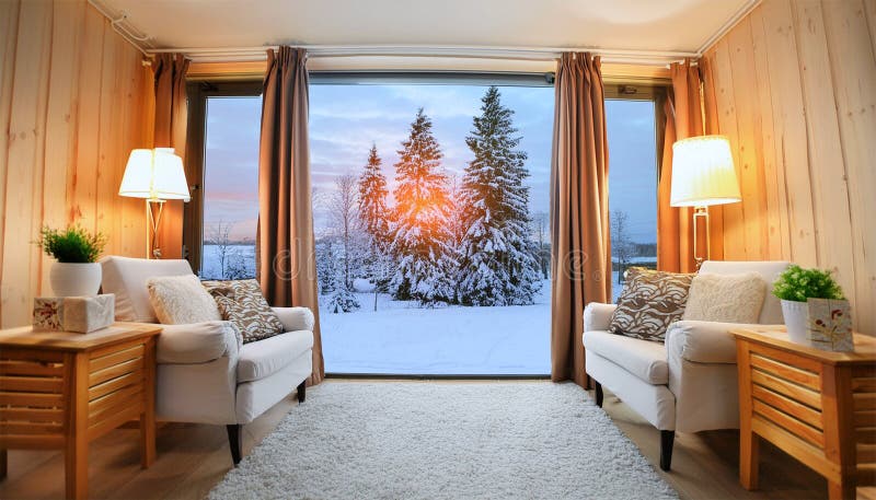 Interior of a Living Room with a Beautiful View of the Winter Landscape ...