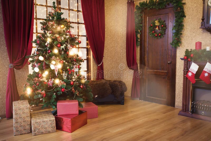 Christmas Scene with Tree Gifts and Frozen Window Stock Photo - Image ...