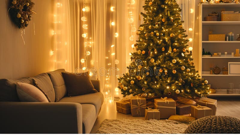 Interior of Living Room with Christmas Tree, Sofas and Glowing Lights ...