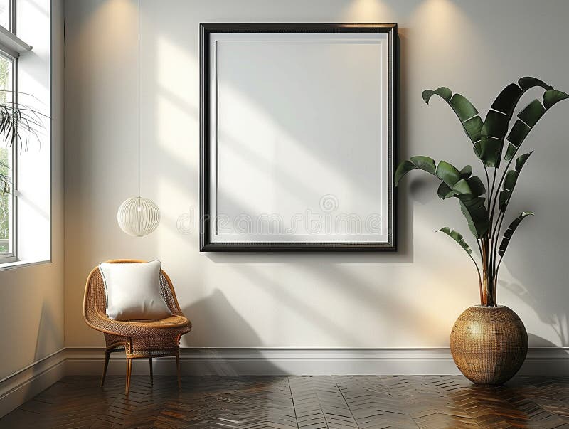 Interior of Living Room with Large Empty Frame Mockup on the Wall ...