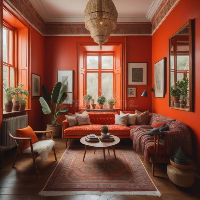 Interior of a Living Room with Red Walls. Generative Ai Stock ...