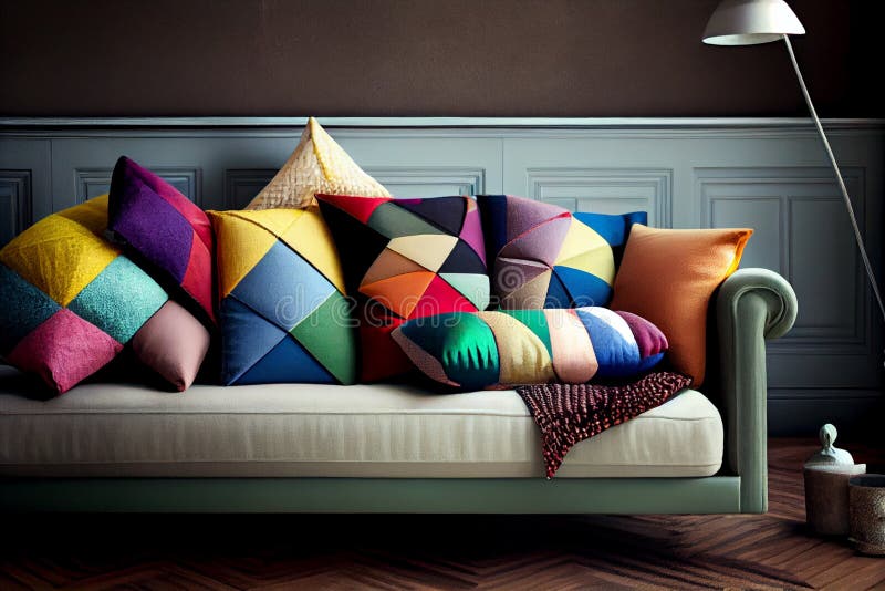 Interior of a Living Room with a Sofa Covered with Patchwork Pillows ...