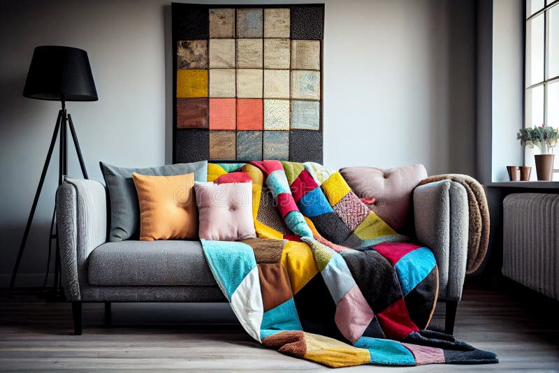 Interior of a Living Room with a Sofa Covered with Patchwork Pillows ...