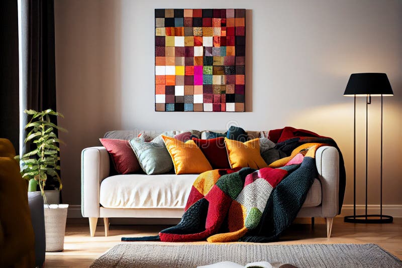 Interior of a Living Room with a Sofa Covered with Patchwork Pillows ...