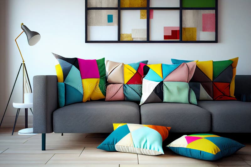 Interior of a Living Room with a Sofa Covered with Patchwork Pillows ...
