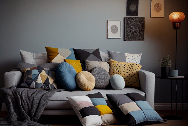 Interior of a Living Room with a Sofa Covered with Patchwork Pillows ...