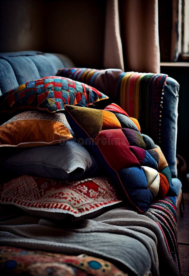 Interior of a Living Room with a Sofa Covered with Patchwork Pillows ...