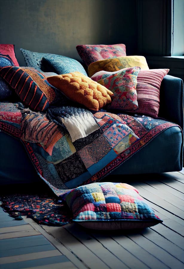 Interior of a Living Room with a Sofa Covered with Patchwork Pillows ...