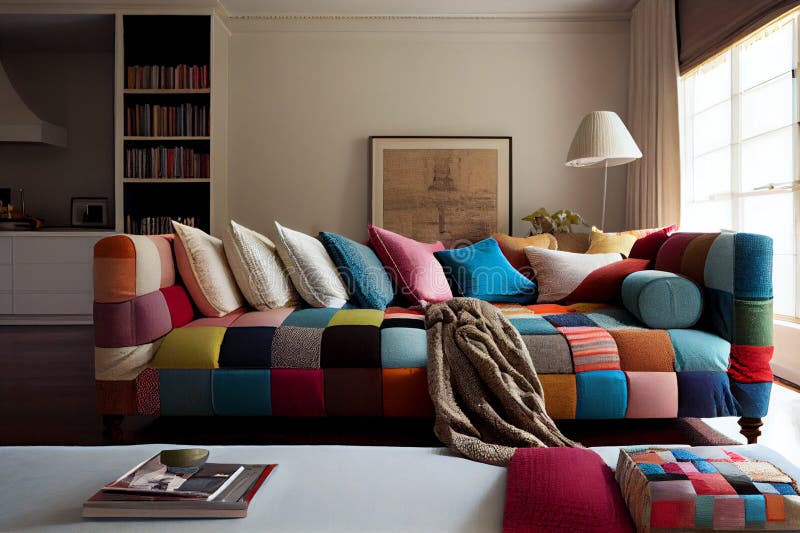 Interior of a Living Room with a Sofa Covered with Patchwork Pillows ...