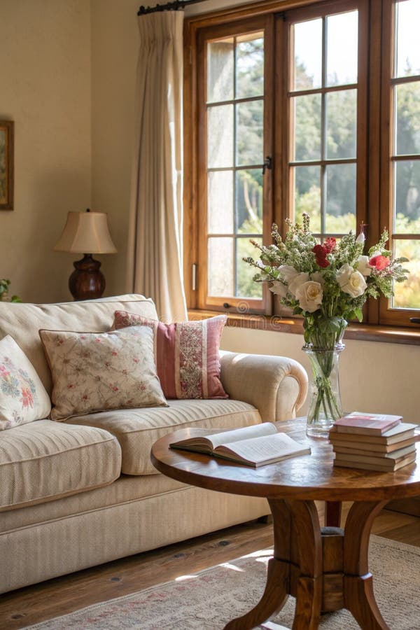 Interior of Living Room with Soft Couch, Table, and Big Window Stock ...