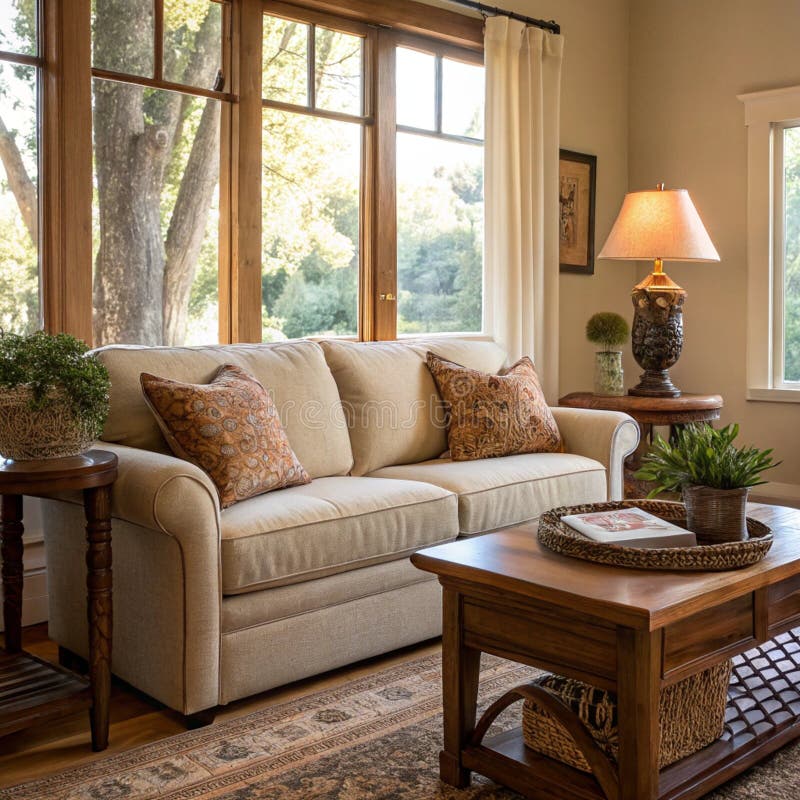 Interior of Living Room with Soft Couch, Table, and Big Window Stock ...